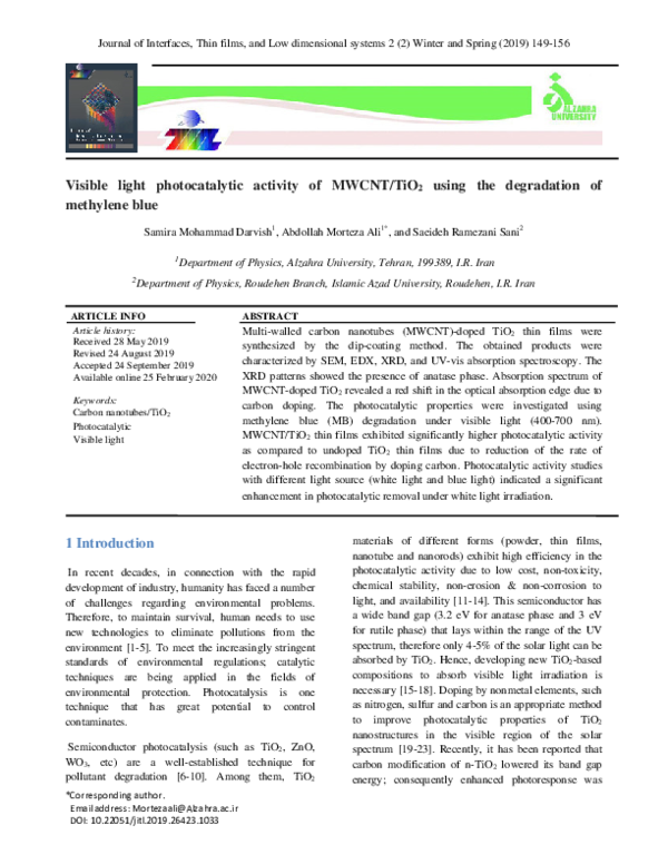 (PDF) Visible light photocatalytic activity of MWCNT/TiO2 using the degradation of methylene blue