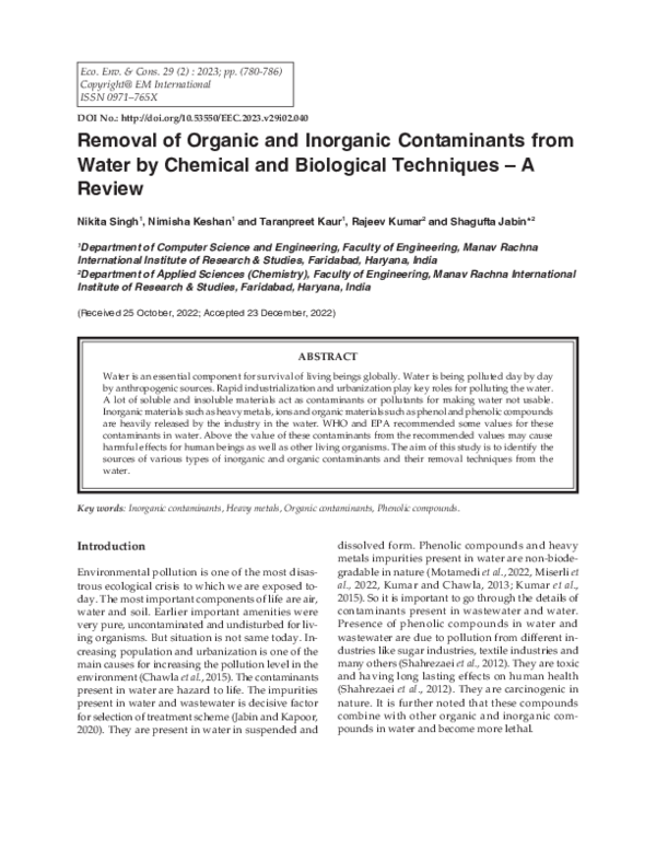 (PDF) Removal of Organic and Inorganic Contaminants from Water by Chemical and Biological ...