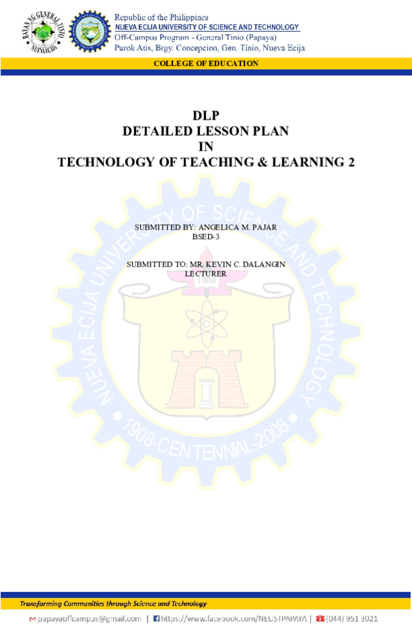 (DOC) DLP DETAILED LESSON PLAN IN TECHNOLOGY OF TEACHING & LEARNING 2