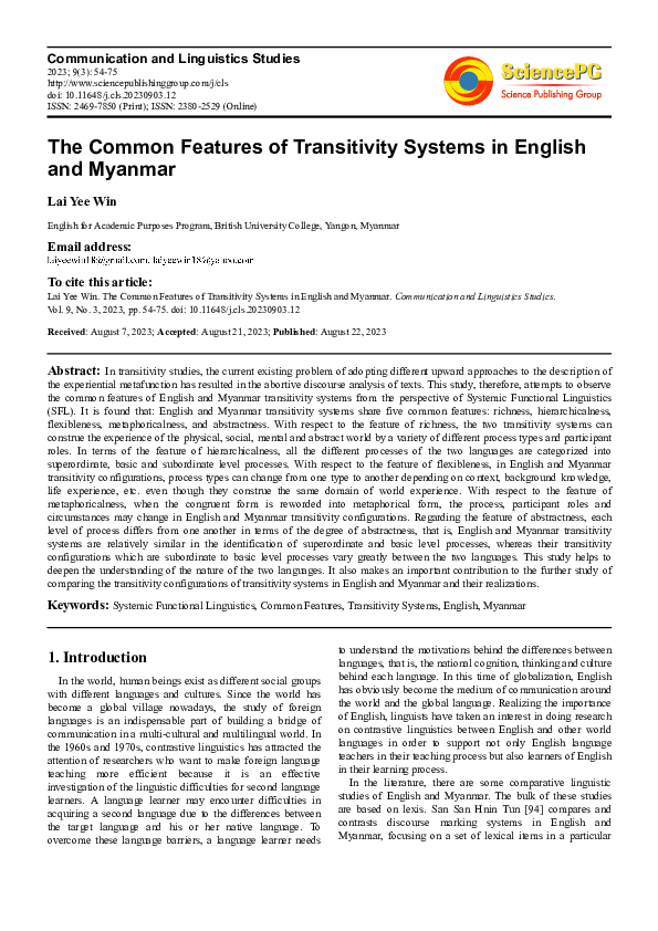 (PDF) The Common Features of Transitivity Systems in English and Myanmar