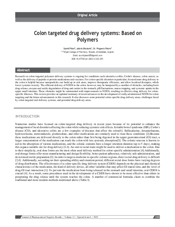 (PDF) Colon targeted drug delivery systems: Based on Polymers