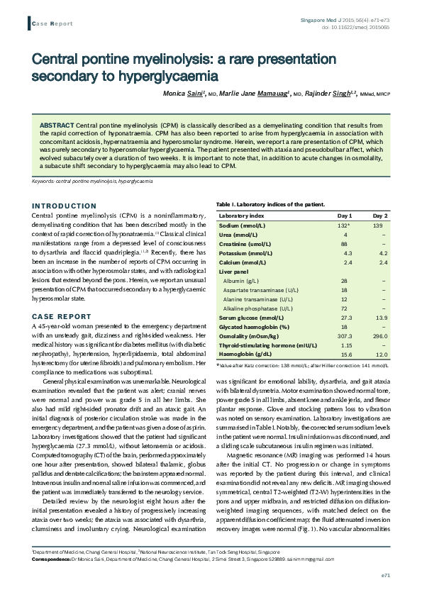 (PDF) Central pontine myelinolysis: a rare presentation secondary to ...
