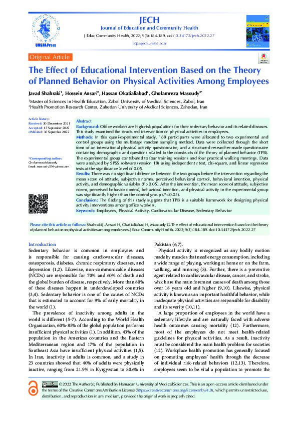 (PDF) The Effect of Educational Intervention Based on the Theory of Planned Behavior on Physical ...