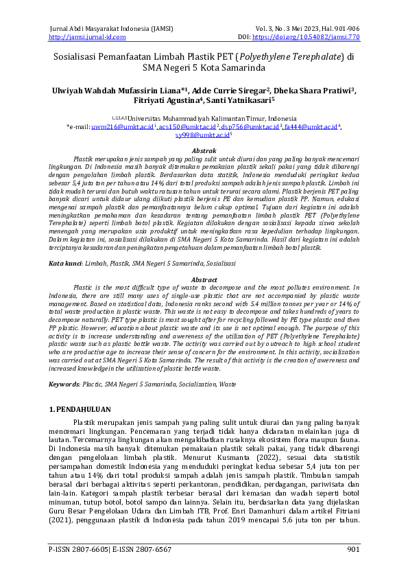 (PDF) Sosialisasi Pemanfaatan Limbah Plastik PET (Polyethylene Terephalate) di SMA Negeri 5 Kota ...