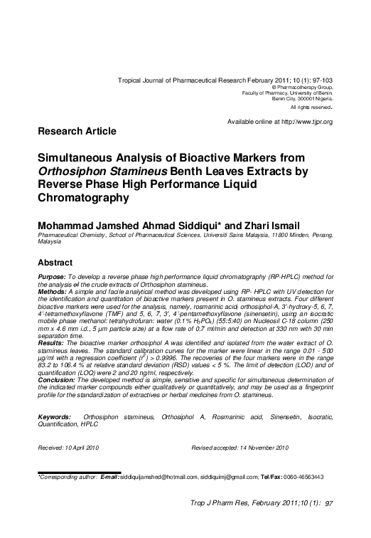 (PDF) Simultaneous Analysis of Bioactive Markers from Orthosiphon Stamineus Benth Leaves ...