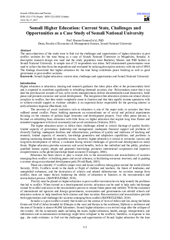 (PDF) Somali Higher Education: Current State, Challenges and ...