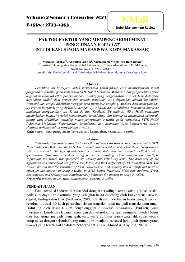 (PDF) Faktor-Faktor Yang Mempengaruhi Minat Penggunaan E-Wallet (Studi Kasus Pada Mahasiswa Kota ...