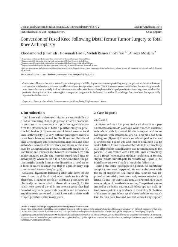 (PDF) Conversion of Fused Knee Following Distal Femur Tumor Surgery to ...