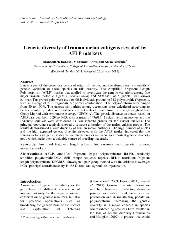 (PDF) Genetic diversity of Iranian melon cultigens revealed by AFLP markers