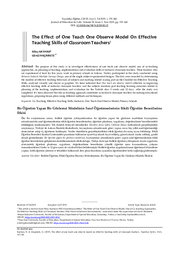 (PDF) The Effect of One Teach One Observe Model on Effective Teaching ...