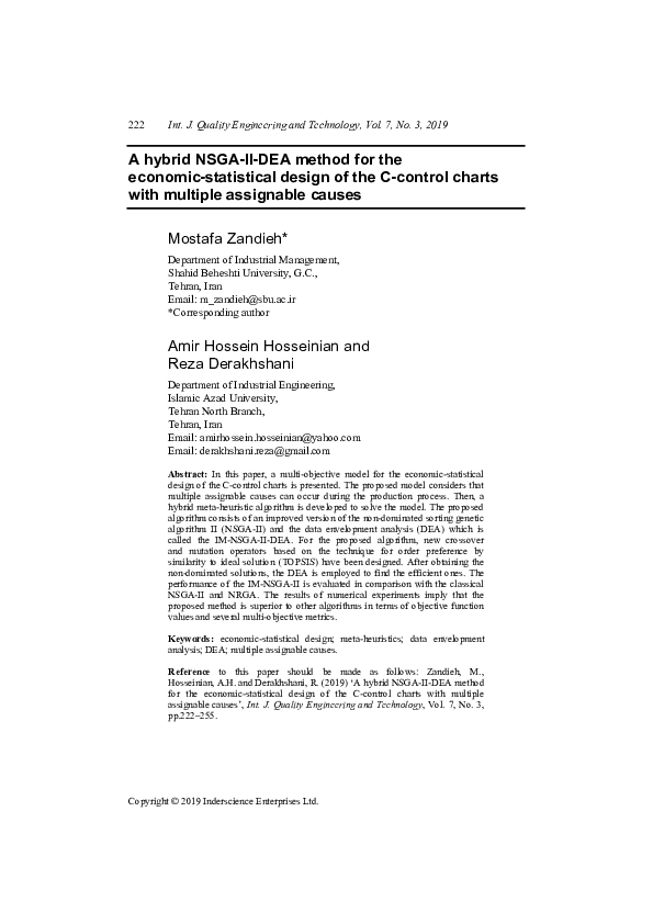 Pdf A Hybrid Nsga Ii Dea Method For The Economic Statistical Design Of The C Control Charts