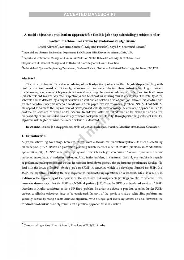 (PDF) A multi objective optimization approach for flexible job shop scheduling problem under ...
