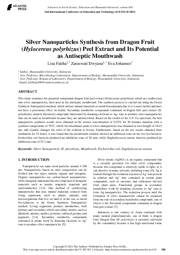 (PDF) Silver Nanoparticles Synthesis from Dragon Fruit (Hylocereus polyrhizus) Peel Extract and ...