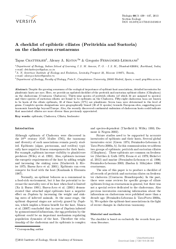 (PDF) A checklist of epibiotic ciliates (Peritrichia and Suctoria) on ...
