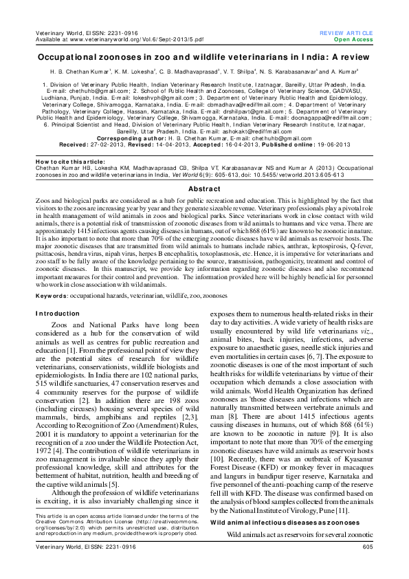 (PDF) Occupational zoonoses in zoo and wildlife veterinarians in India ...