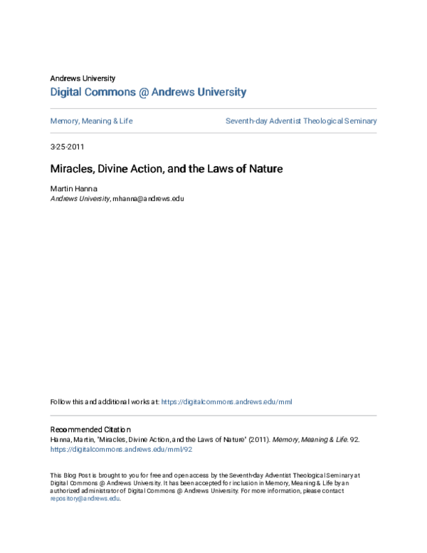 (PDF) Miracles, Divine Action, and the Laws of Nature