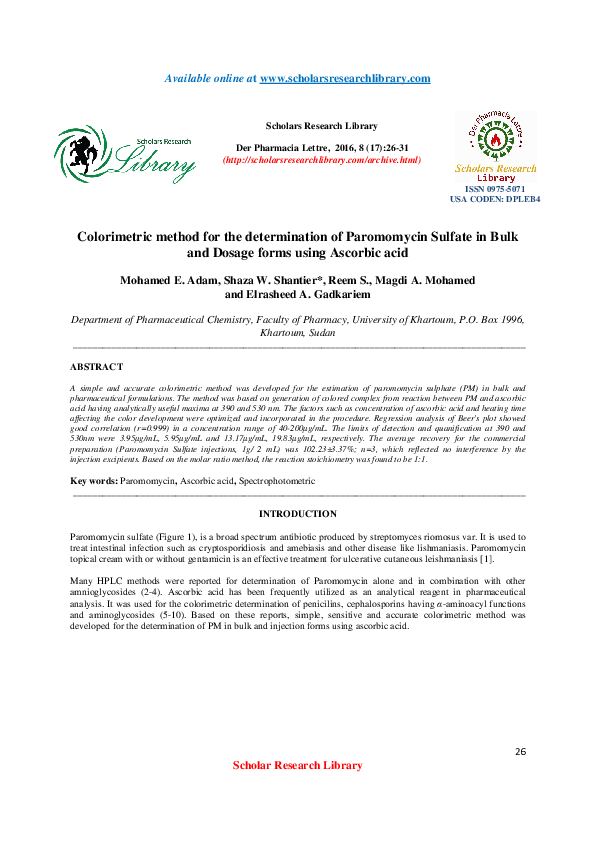 Pdf Colorimetric Analysis Of Paromomycin Sulfate