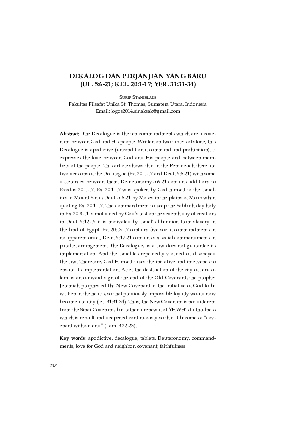 (PDF) Dekalog dan Perjanjian yang Baru