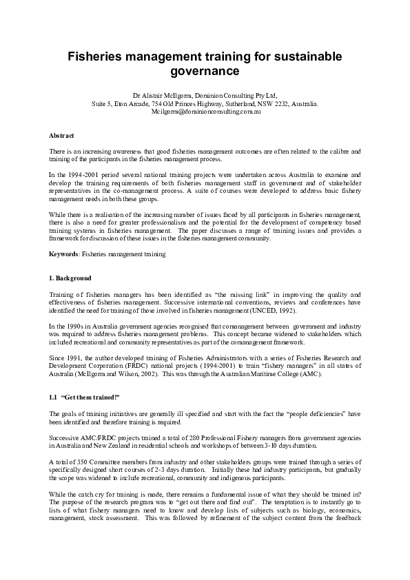 (PDF) Fisheries management training for sustainable governance
