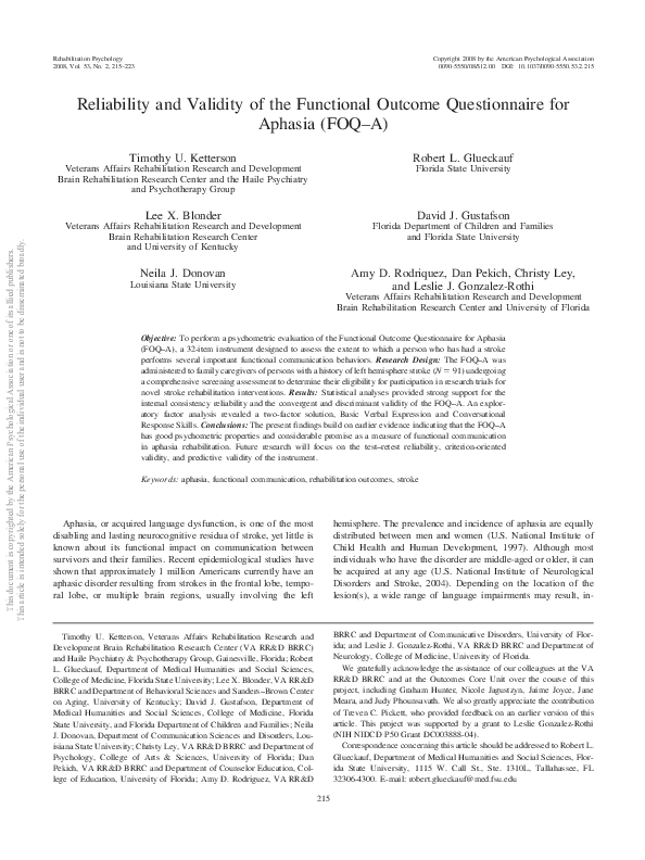 (PDF) Reliability and validity of the Functional Outcome Questionnaire ...