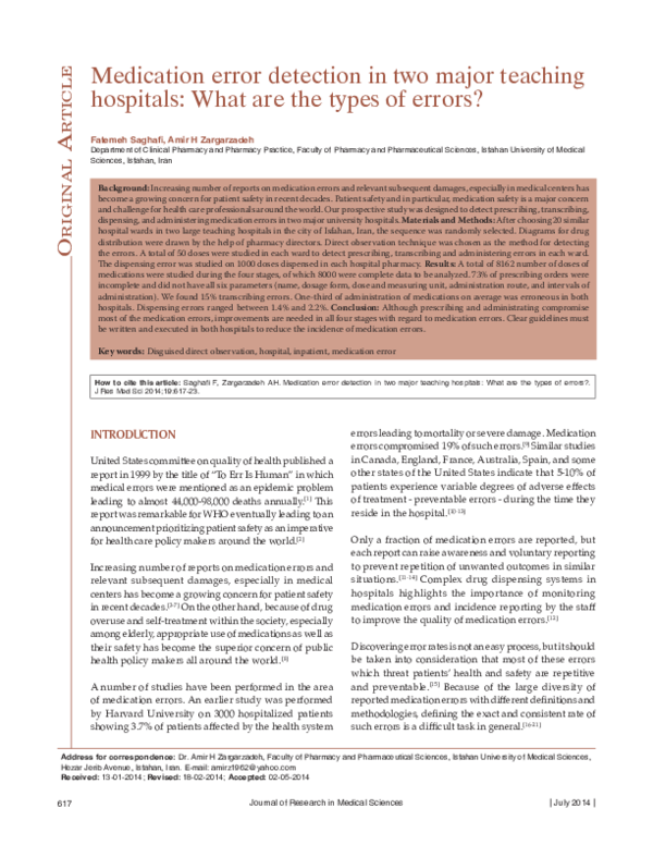 (PDF) Medication error detection in two major teaching hospitals: What are the types of errors?