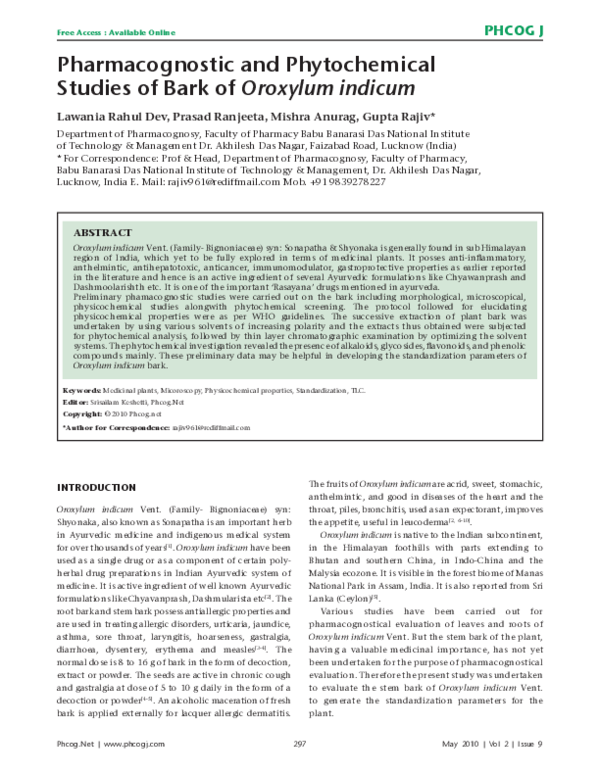 (PDF) Pharmacognostic and Phytochemical Studies of Bark of Oroxylum indicum