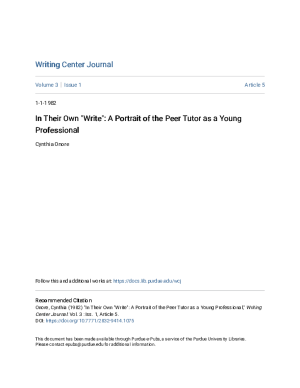 (PDF) In Their Own "Write": A Portrait of the Peer Tutor as a Young ...