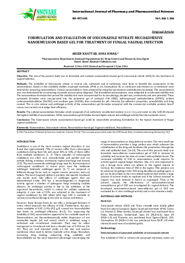 (PDF) FORMULATION AND EVALUATION OF OXICONAZOLE NITRATE MUCOADHESIVE NANOEMULSION BASED GEL FOR ...