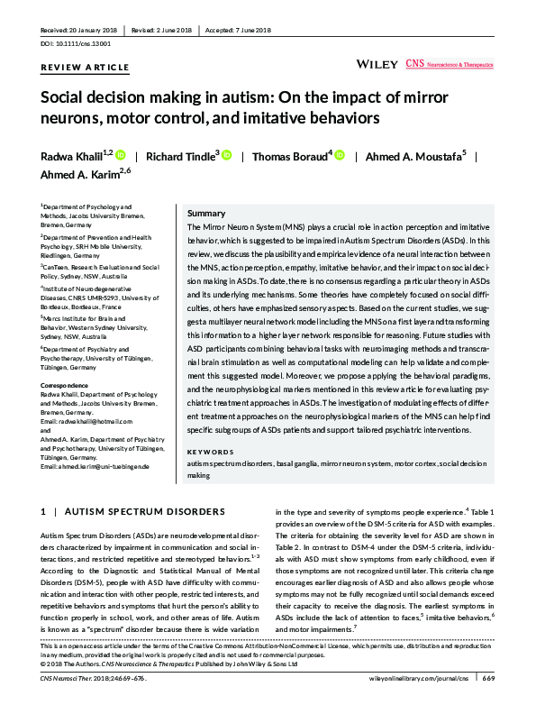 (PDF) Social decision making in autism: On the impact of mirror neurons ...