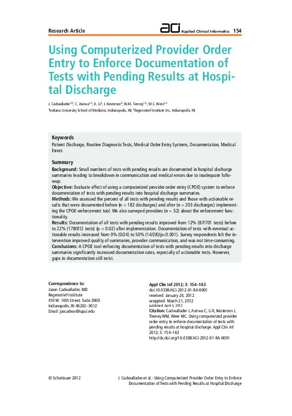 (PDF) Using Computerized Provider Order Entry to Enforce Documentation ...