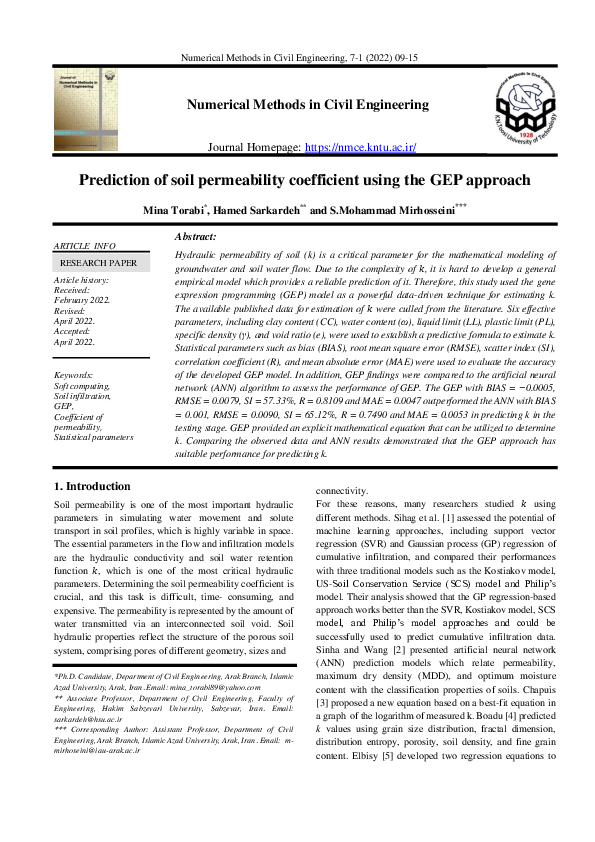 (PDF) Numerical Methods in Civil Engineering Prediction of soil permeability coefficient using ...