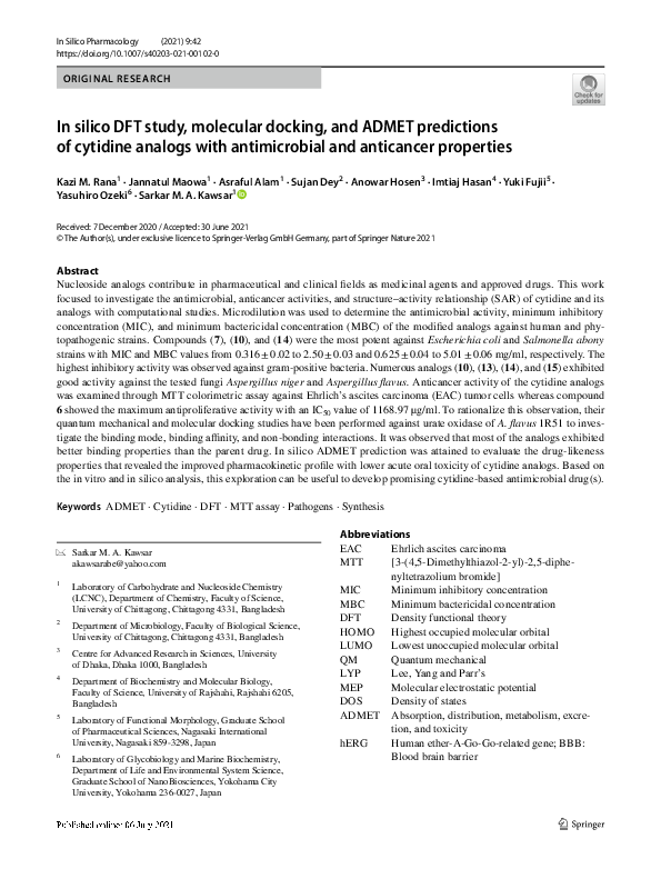 (PDF) In silico DFT study, molecular docking, and ADMET predictions of cytidine analogs with ...