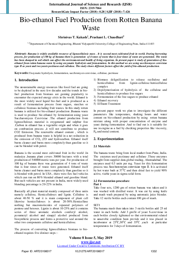 (PDF) Bio-ethanol Fuel Production from Rotten Banana Waste