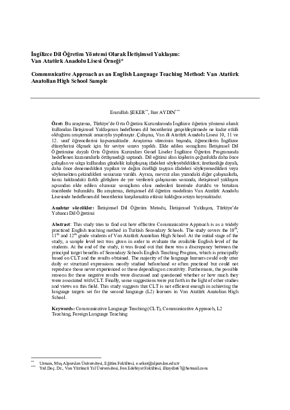 (PDF) Communicative approach as an English language teaching method: Van Atatürk Anatolian High ...