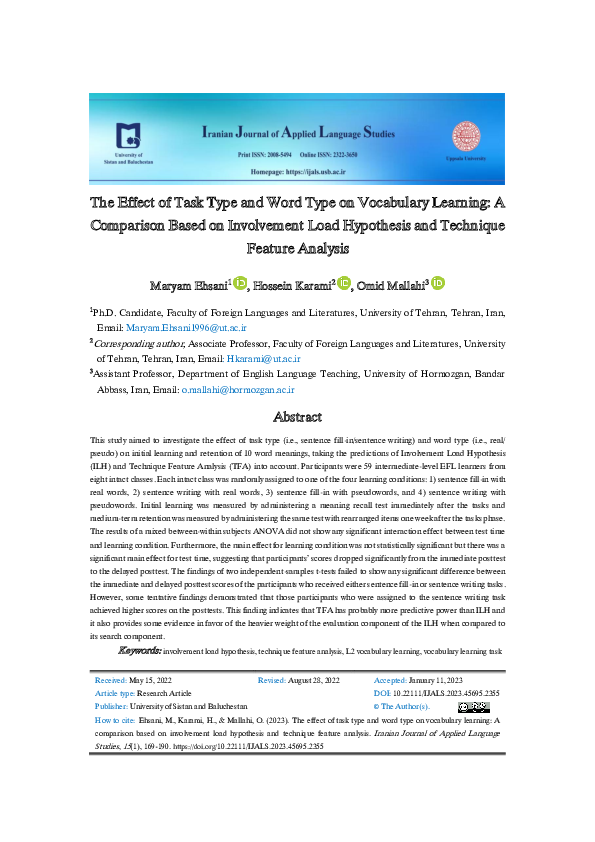 (PDF) The Effect of Task Type and Word Type on Vocabulary Learning: A ...
