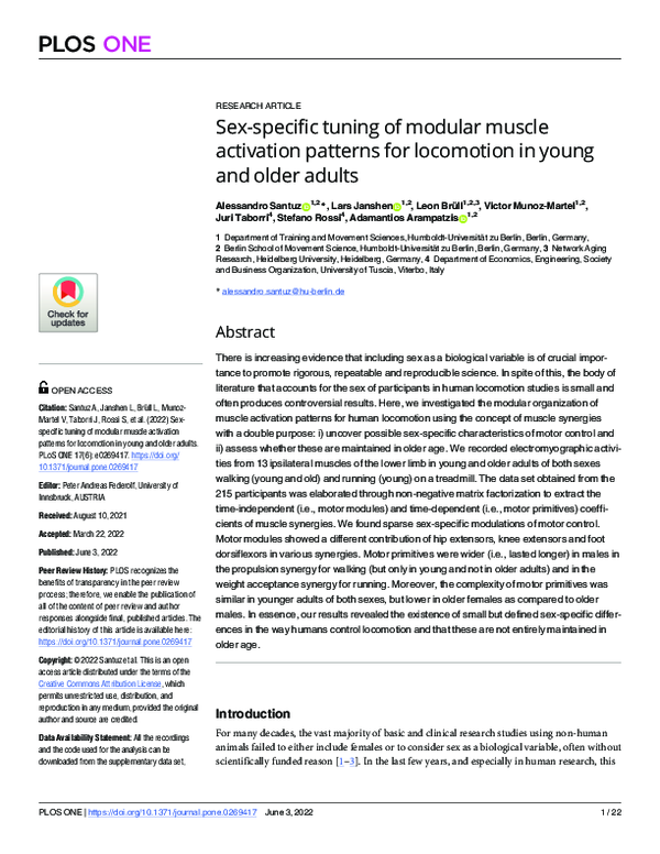Pdf Sex Specific Tuning Of Modular Muscle Activation Patterns For Locomotion In Young And