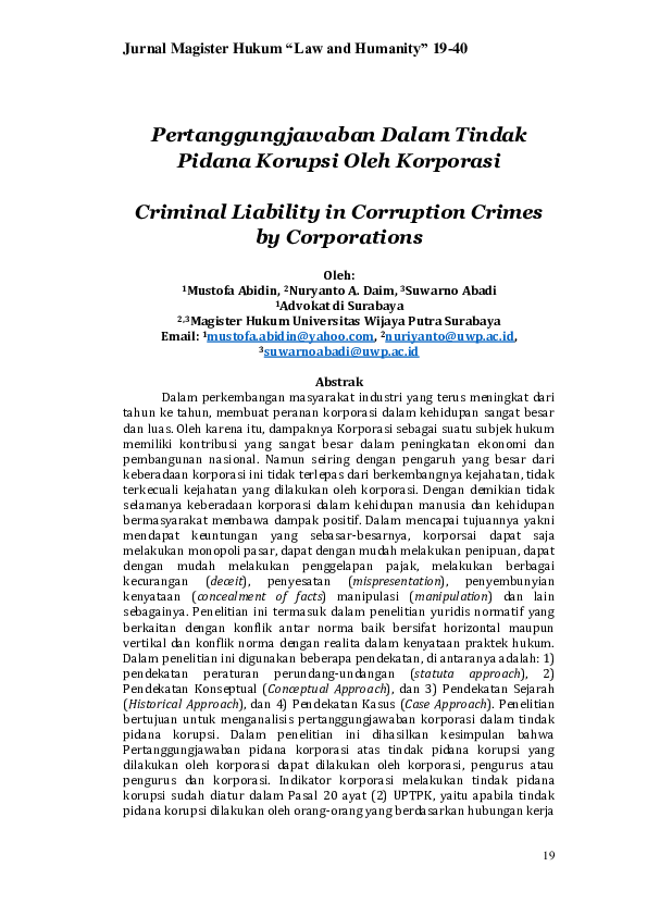 (PDF) Pertanggungjawaban Dalam Tindak Pidana Korupsi Oleh Korporasi