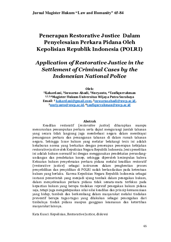 (PDF) Penerapan Restorative Justice Dalam Penyelesaian Perkara Pidana Oleh Kepolisian Republik ...