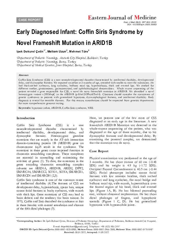 (PDF) Early Diagnosed Infant: Coffin Siris Syndrome by Novel Frameshift Mutation in ARID1B