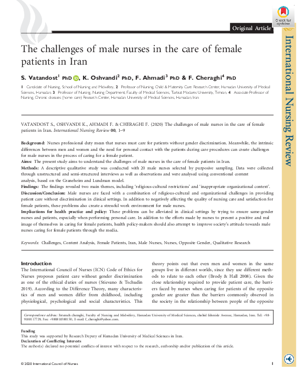(PDF) The challenges of male nurses in the care of female patients in Iran