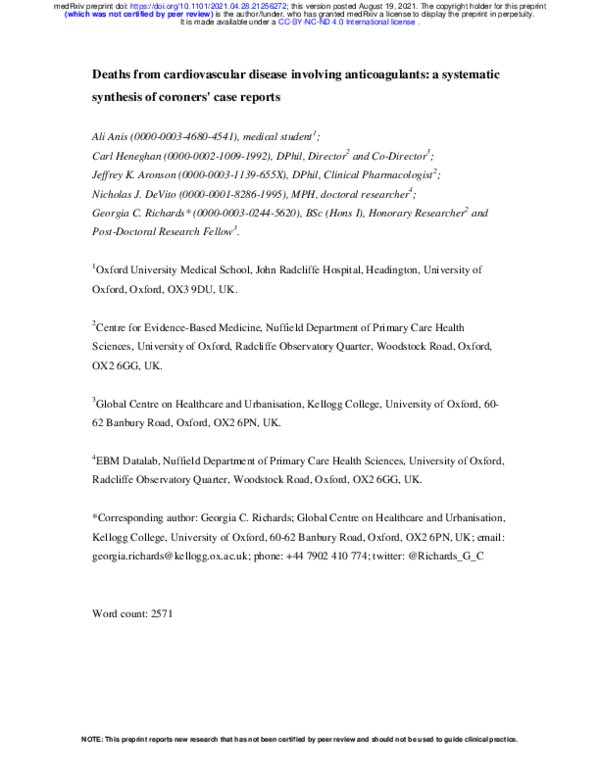(PDF) Deaths from cardiovascular disease involving anticoagulants: a systematic synthesis of ...