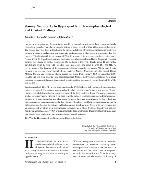 (PDF) Sensory Neuropathy in Hypothyroidism: Electrophysiological and ...