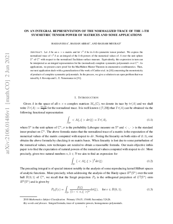 (PDF) On an integral representation of the normalized trace of the $k$-th symmetric tensor power ...