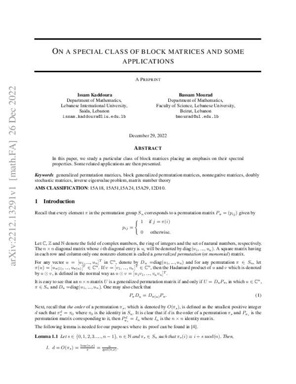 (PDF) On a special class of block matrices and some applications