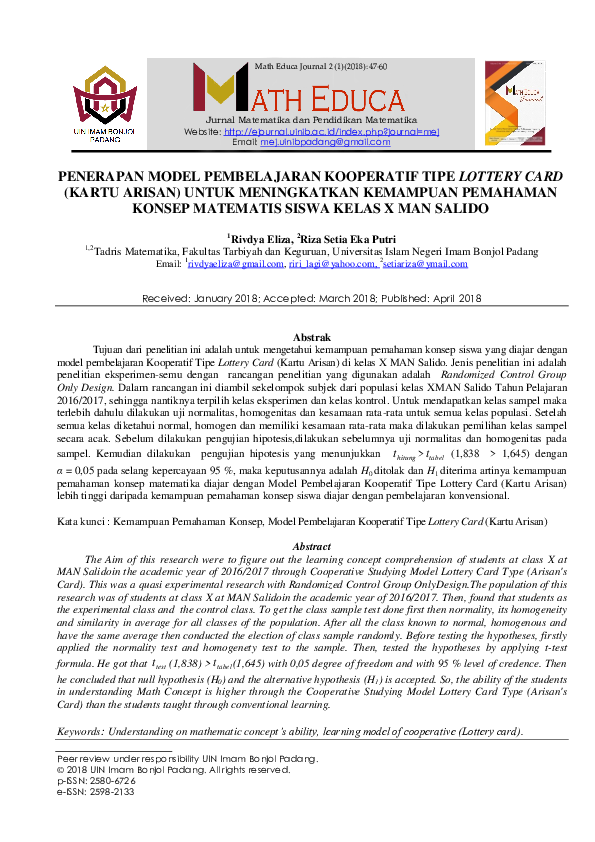 (PDF) Penerapan Model Pembelajaran Kooperatif Tipe Lottery Card (Kartu ...