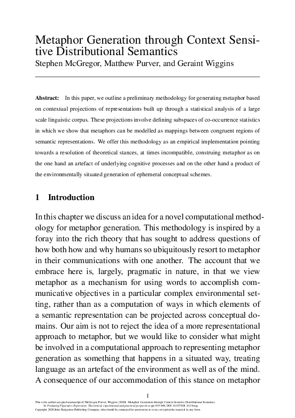 Pdf Metaphor Generation Through Context Sensitive Distributional Semantics Geraint Wiggins