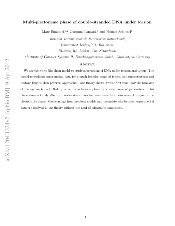 (PDF) Multi-plectoneme phase of double-stranded DNA under torsion