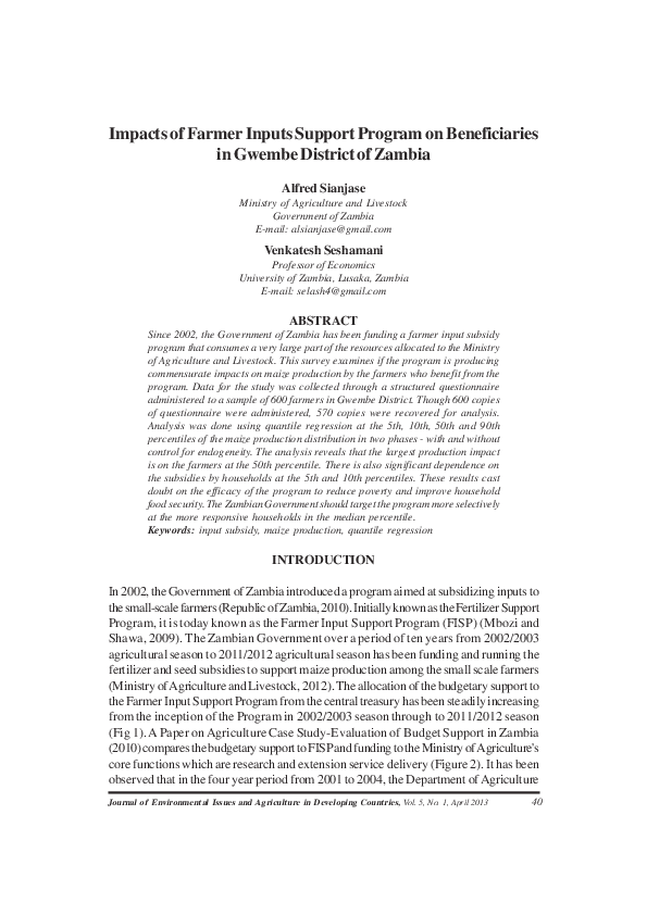 (PDF) Impacts of farmer inputs support program on beneficiaries in ...