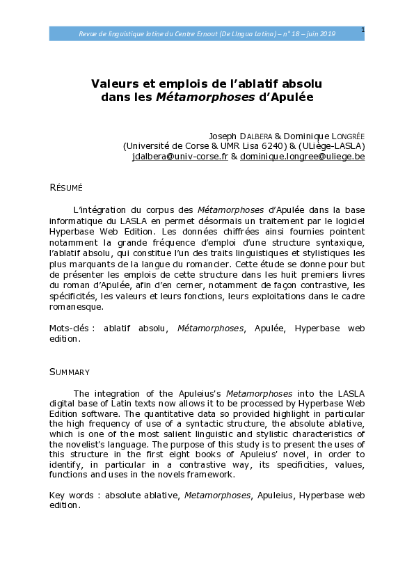 (PDF) Valeurs et emplois de l’ablatif absolu dans les Métamorphoses d ...