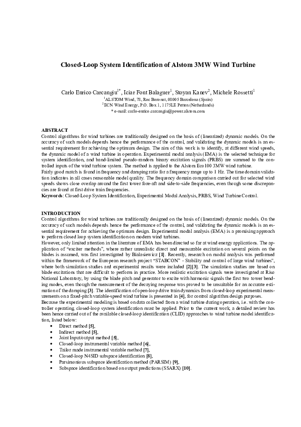 (PDF) Closed-Loop System Identification of Alstom 3MW Wind Turbine